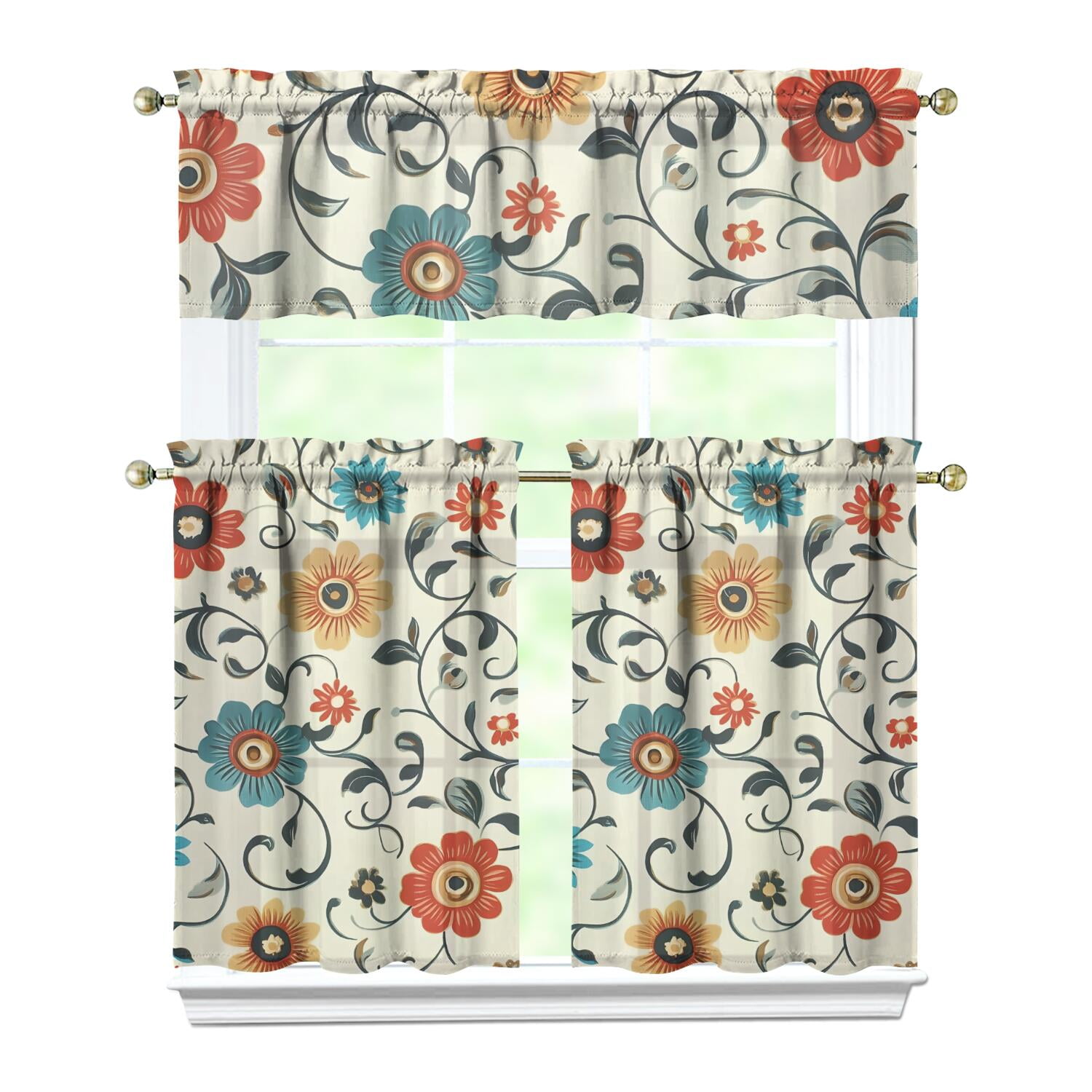Farmhouse Wildflower Curtains 36 Inch Short - 3 Panel Vintage Country ...