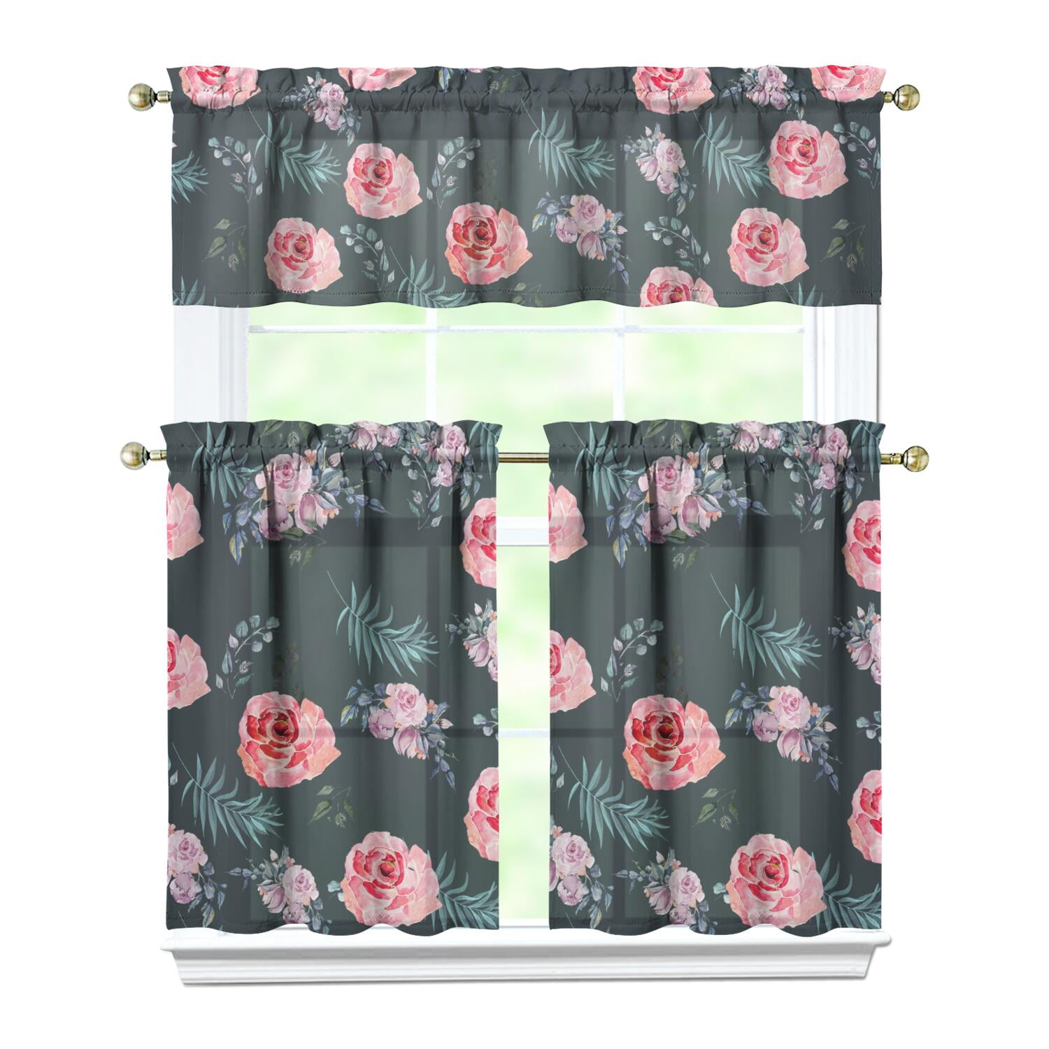 Farmhouse Wildflower Curtains 36 Inch Short - 3 Panel Vintage Country ...
