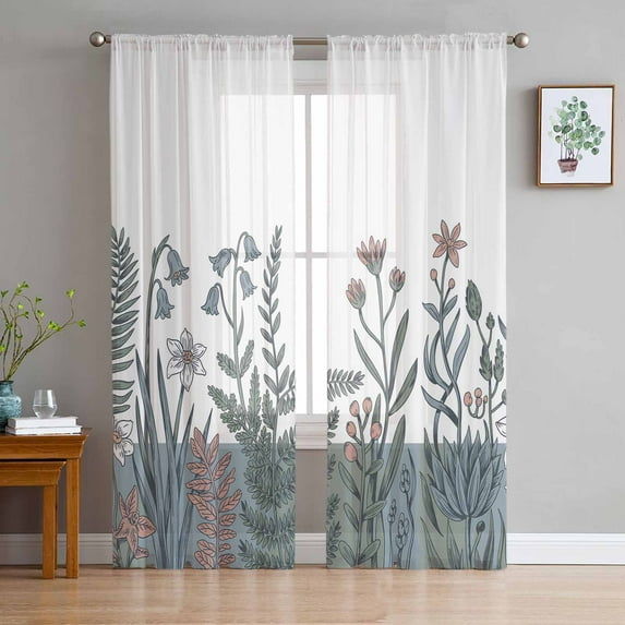 Farmhouse Wildflower Sheer Curtains 63 Inches Length 2 Panels Set ...
