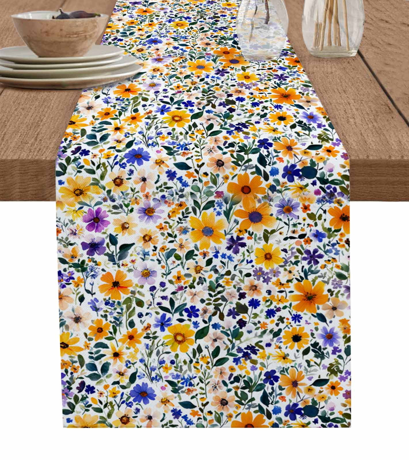 Farmhouse Wildflowers Burlap Cotton Table Runner 18x72 Inches Long ...
