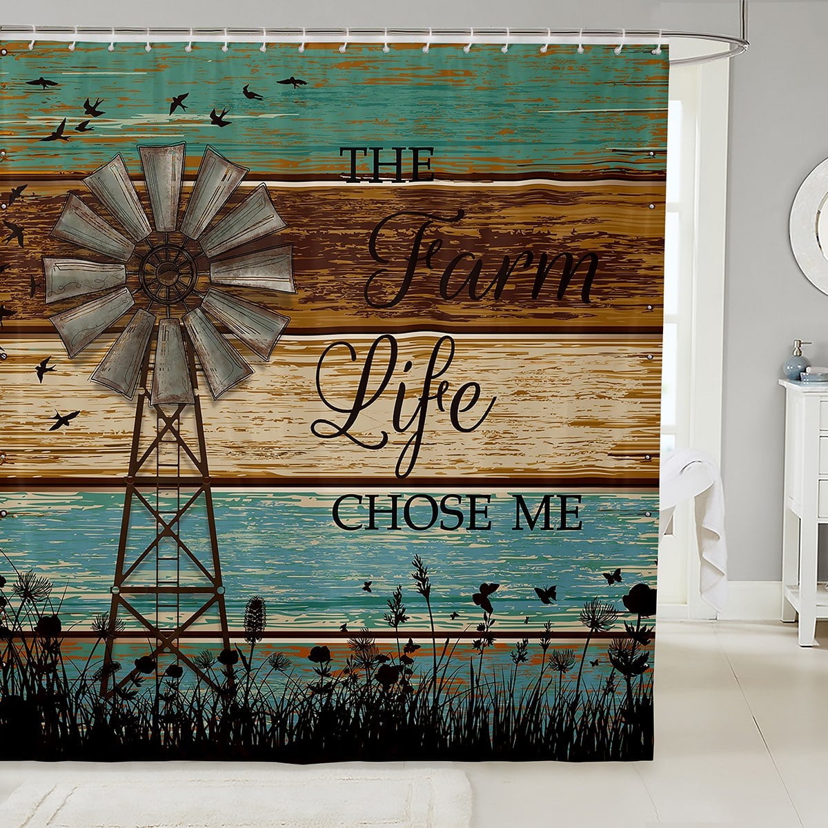 Farmhouse Windmill Bath Curtain, Vintage Rustic Windmill Waterproof ...