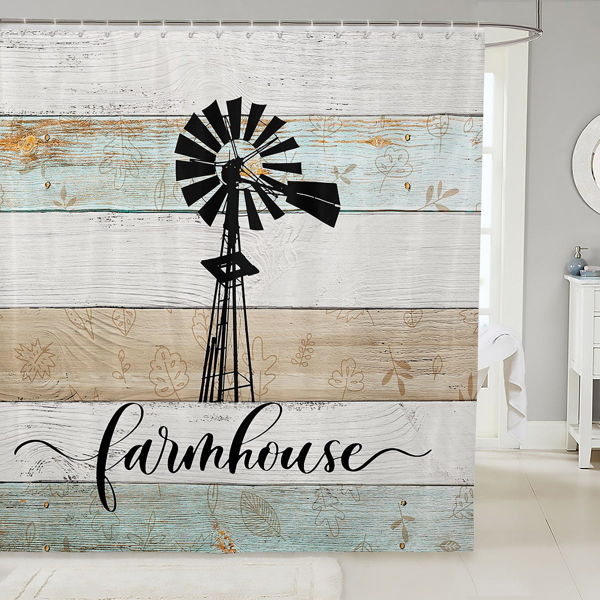 Farmhouse Windmill Bath Curtain For Women, Rustic Barn Door Waterproof ...