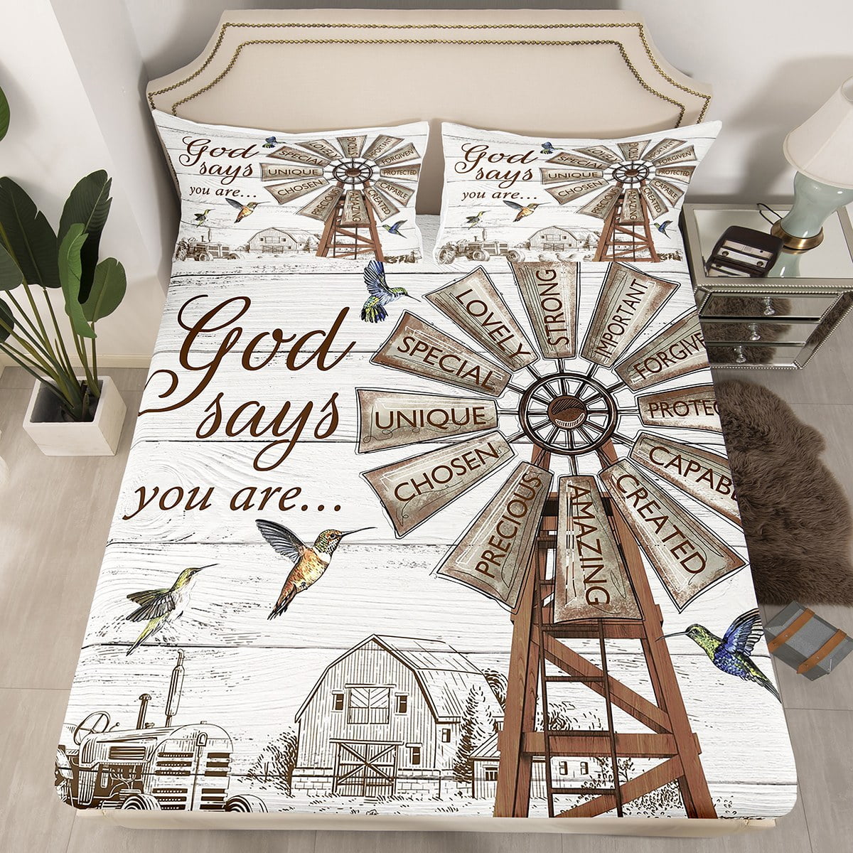 Farmhouse Windmill Bedding Set, Rustic Hummingbird Fitted Sheet , Farm ...