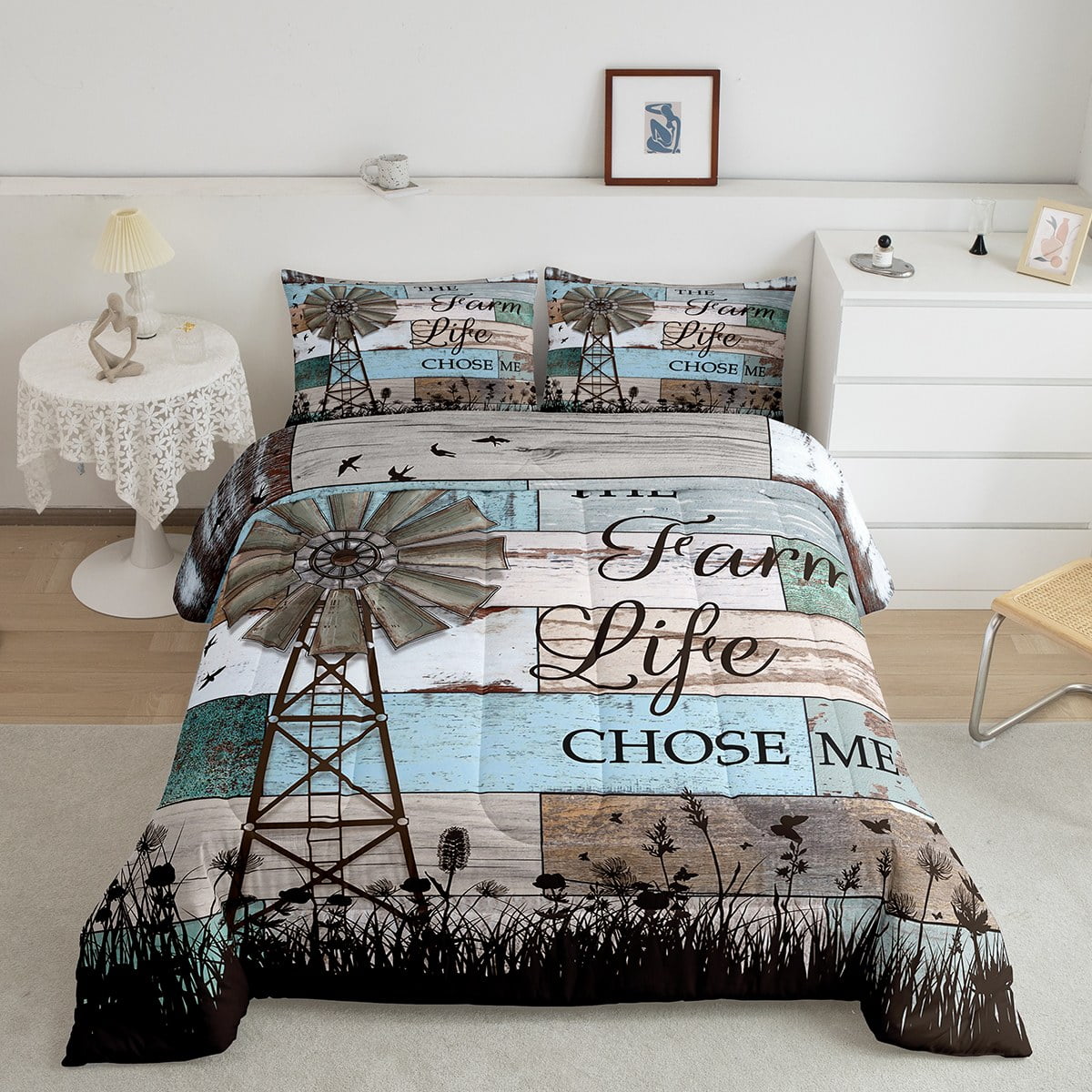 Farmhouse Windmill Bedding Sets King Size, Rustic Cabin Decor Comforter ...