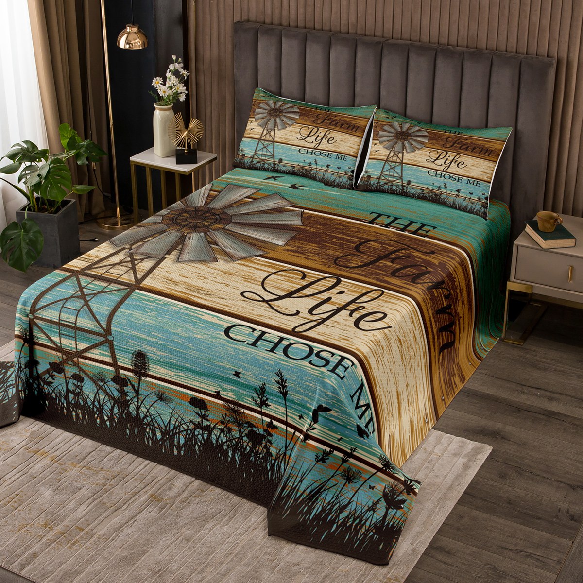 YST Farmhouse Windmill Bedspread Set For Boys, Vintage Rustic Windmill ...