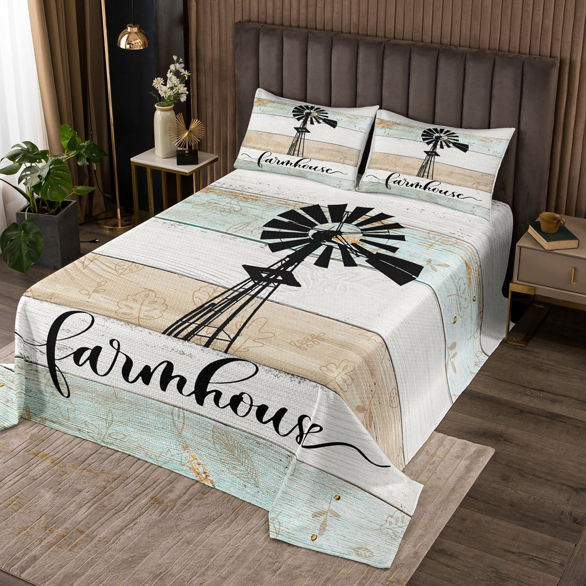 Farmhouse Windmill Bedspread Set For Women, Rustic Barn Door Coverlet ...