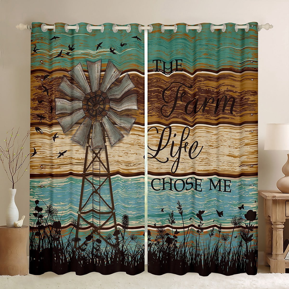 Farmhouse Windmill Blackout Curtains, Vintage Rustic Windmill Curtains ...