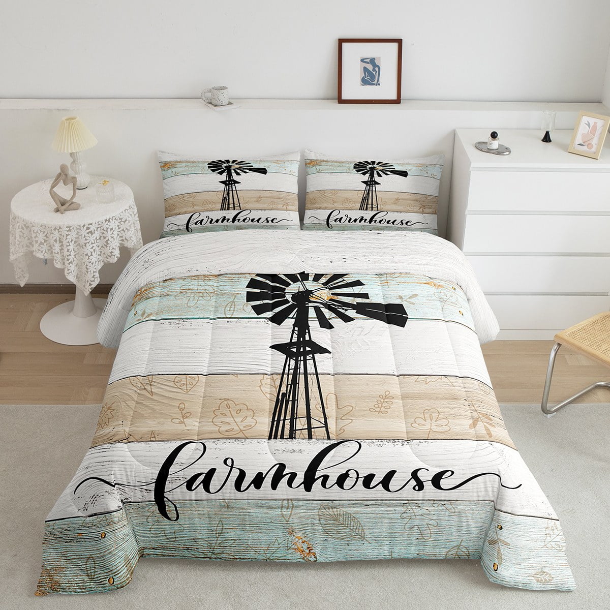 Farmhouse Windmill Comforter Set For Women, Rustic Barn Door Bedding ...