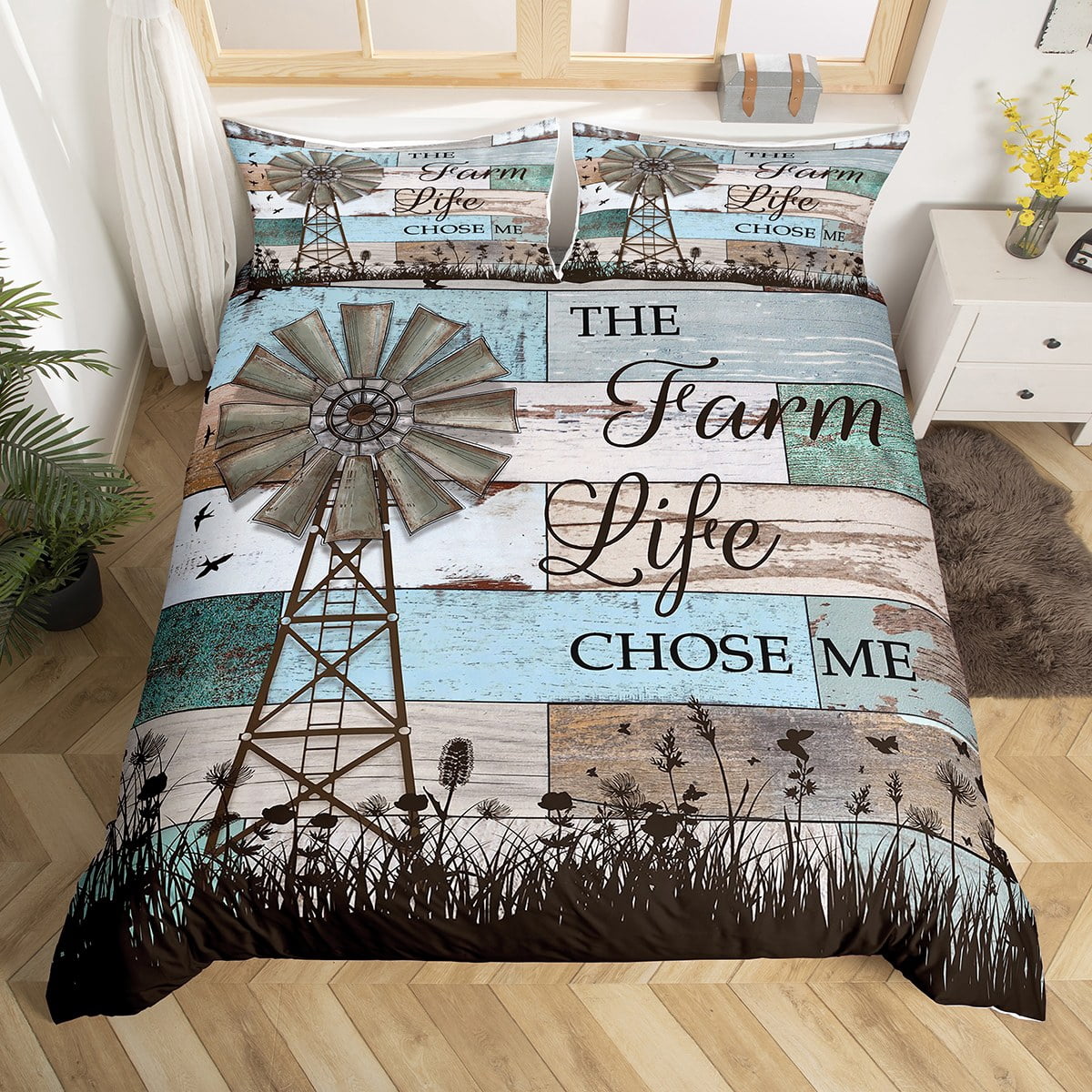 Farmhouse Windmill Duvet Cover Twin Size, Rustic Cabin Decor Comforter ...