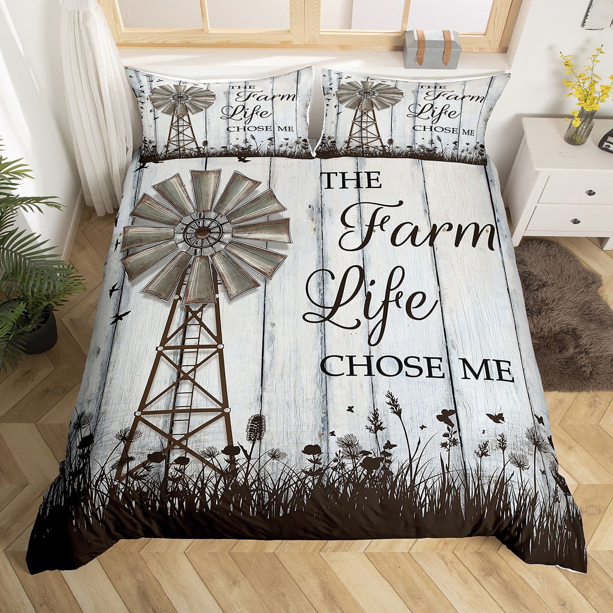 Farmhouse Windmill Duvet Cover Twin, Vintage Rustic Windmill Comforter ...