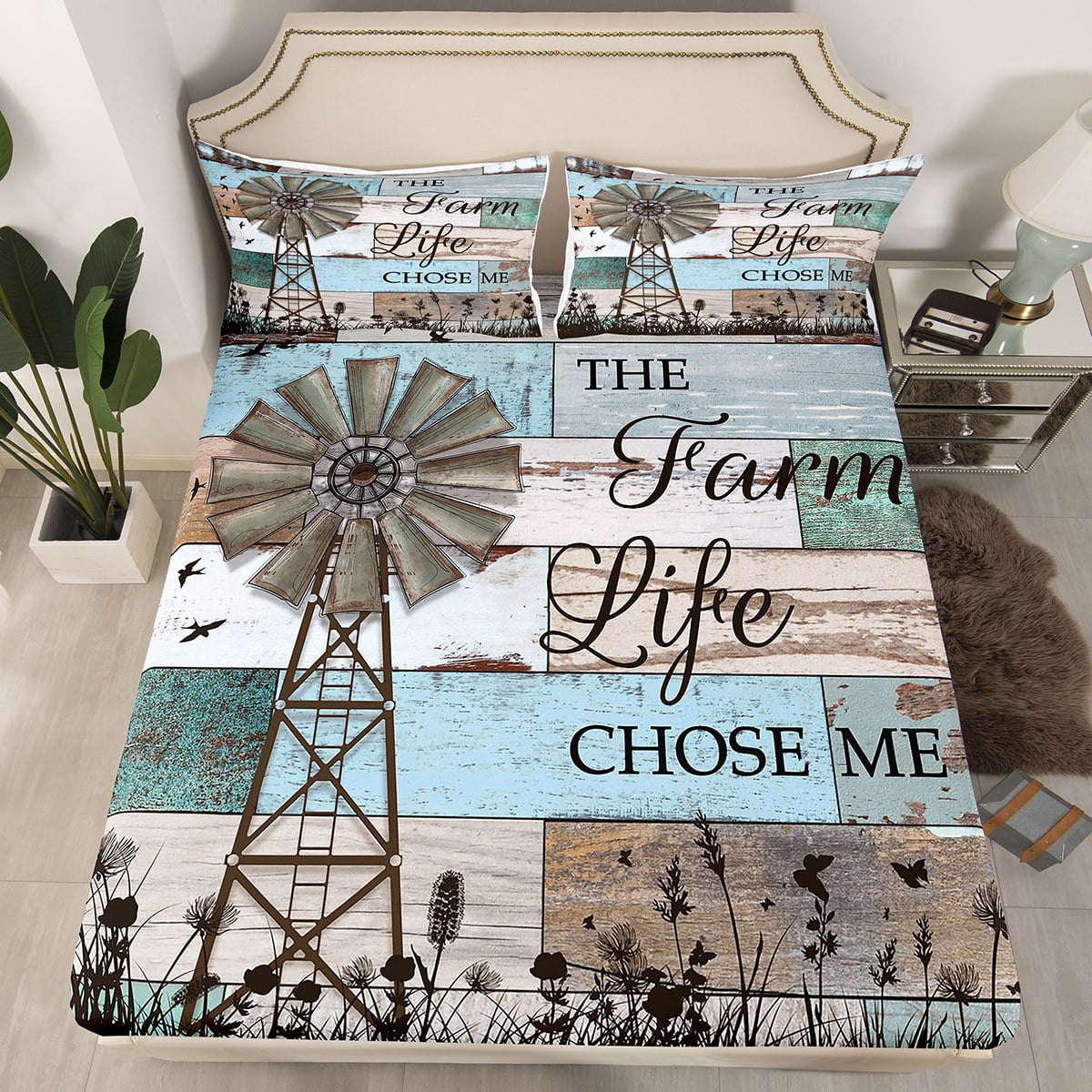 Farmhouse Windmill Fitted Sheet Queen Size, Rustic Cabin Decor Bed ...