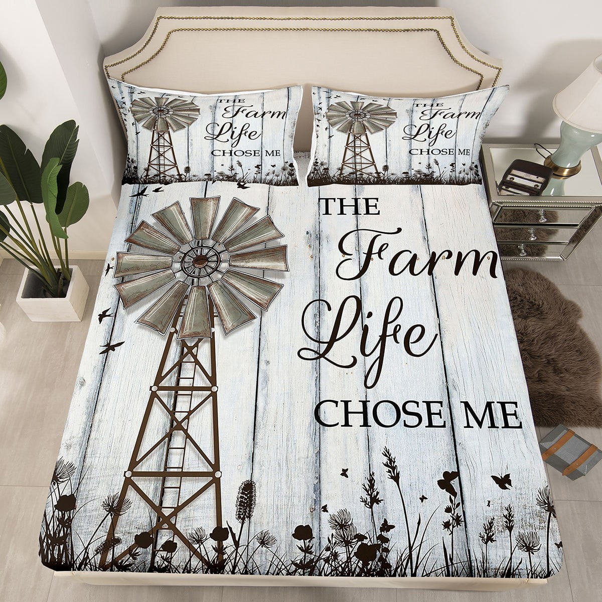 Farmhouse Windmill Fitted Sheet Twin, Vintage Rustic Windmill Bed ...