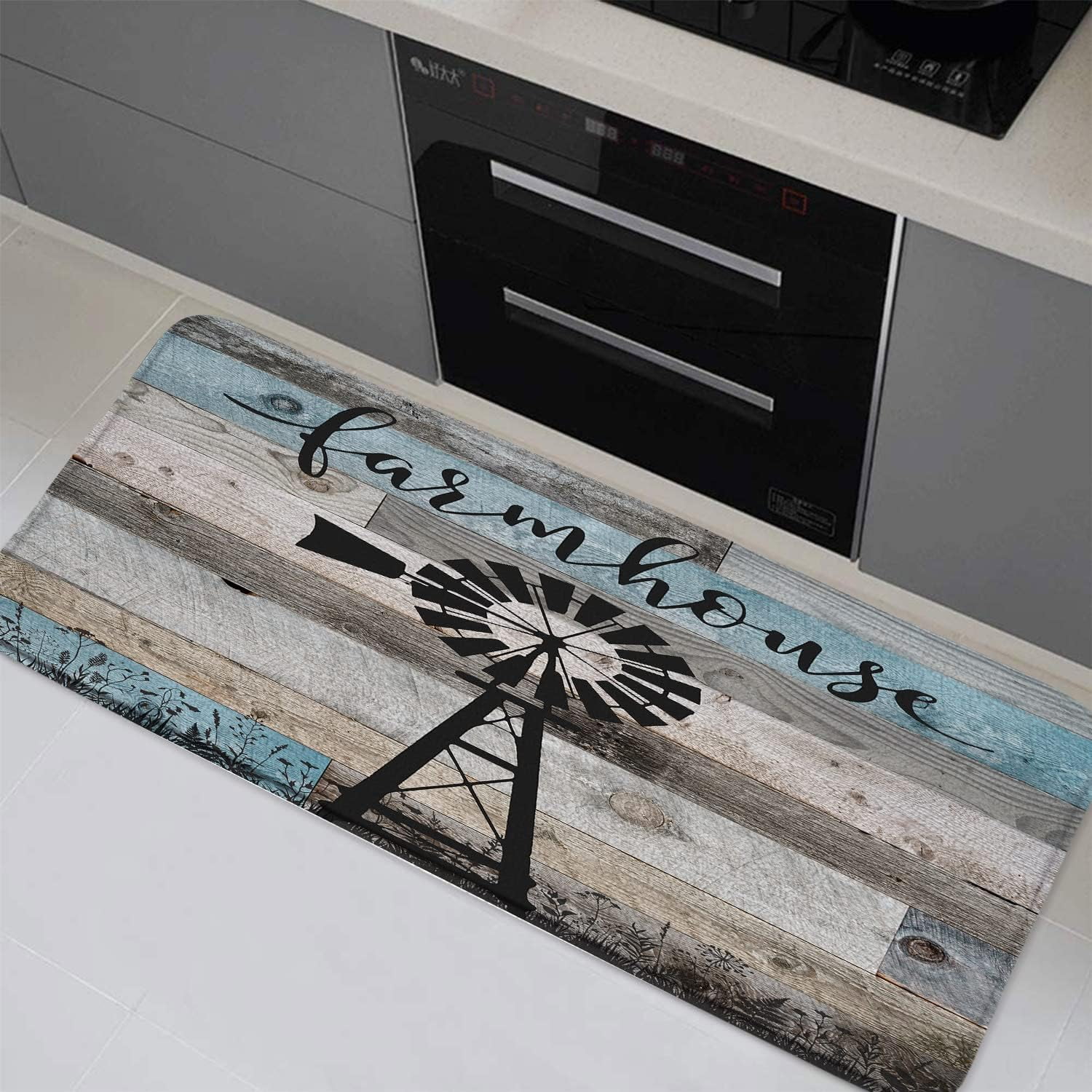 Farmhouse Windmill Kitchen Mat Teal Grey Vintage Rustic Wood Windmill ...