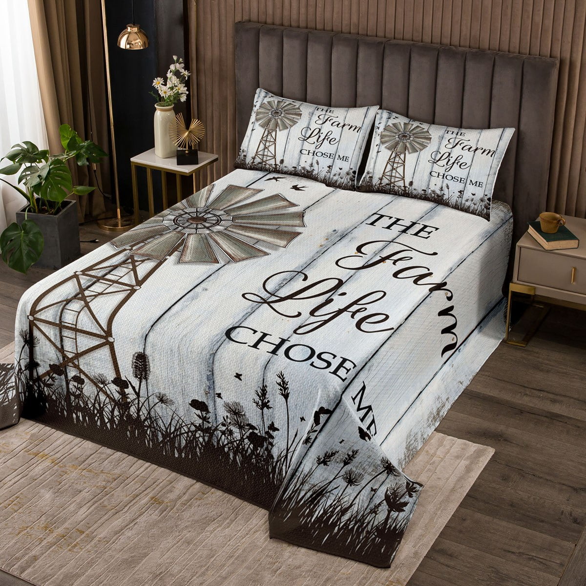 Farmhouse Windmill Quilt Set King, Vintage Rustic Windmill Bedspread ...