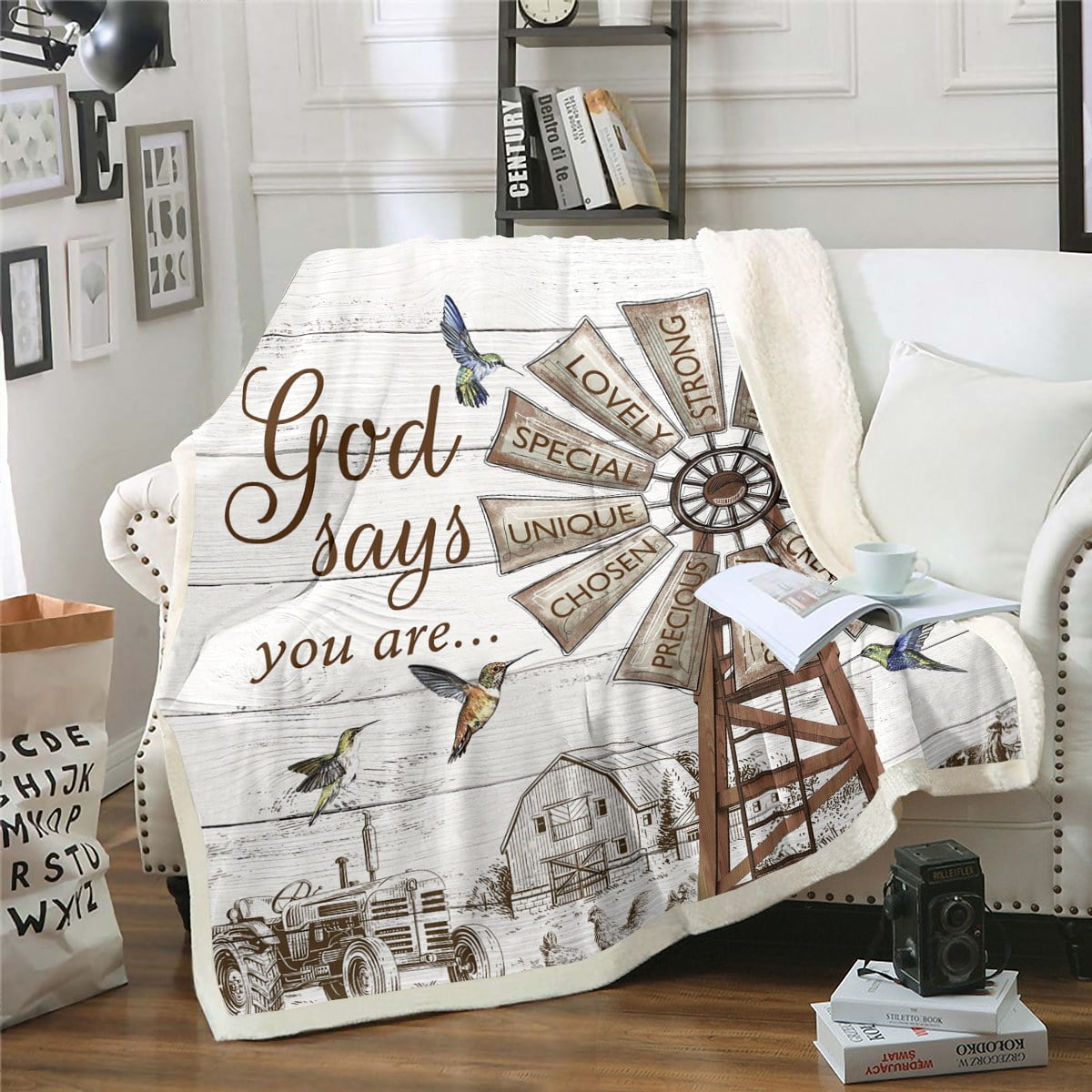 Farmhouse Windmill Sherpa Blanket, Rustic Hummingbird Throw Blanket For ...