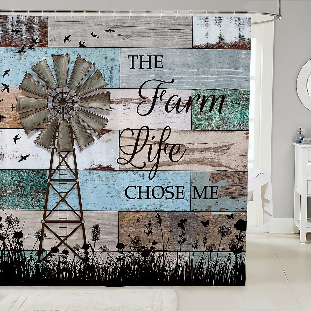 Farmhouse Windmill Shower Curtain, Rustic Cabin Bath Curtain For Kids ...