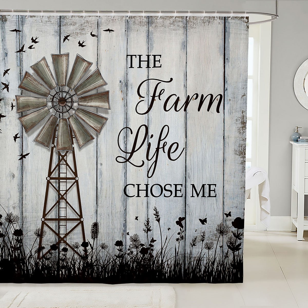 Farmhouse Windmill Shower Curtain, Vintage Rustic Windmill Bath Curtain ...