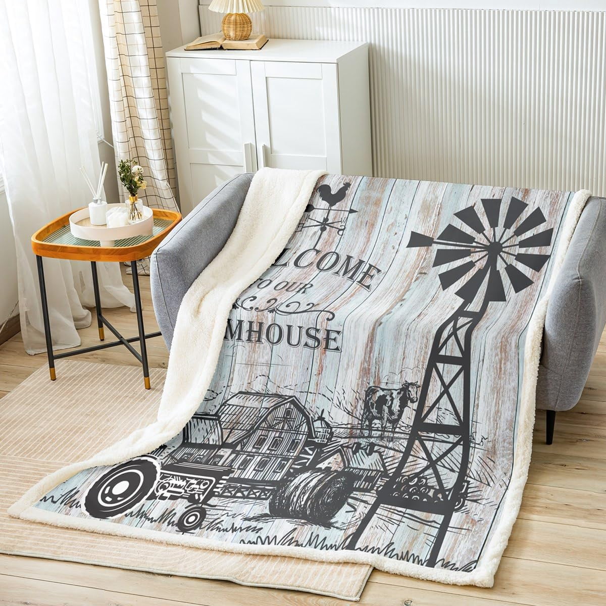 Farmhouse Windmill Throws Blanket,Rustic Farm Wooden Barn Door Tractor ...