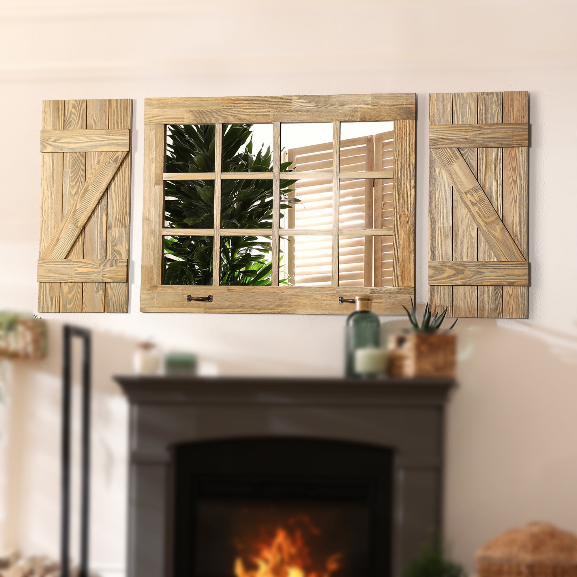 Rustic Vintage Frame Farmhouse Window Pane Mirror and Shutters ...