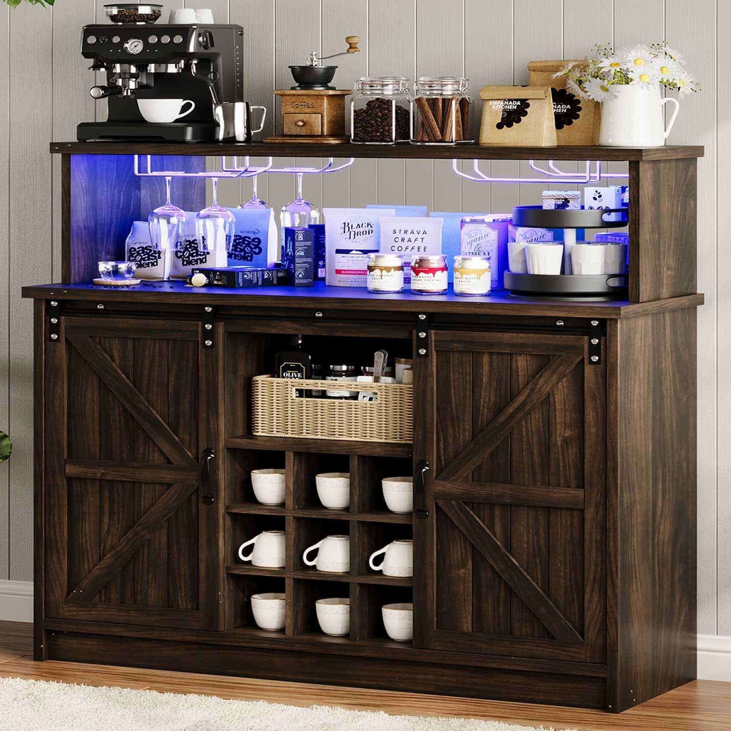 Farmhouse Wine Bar Cabinet with LED Light & Mirror, 47” Buffet ...