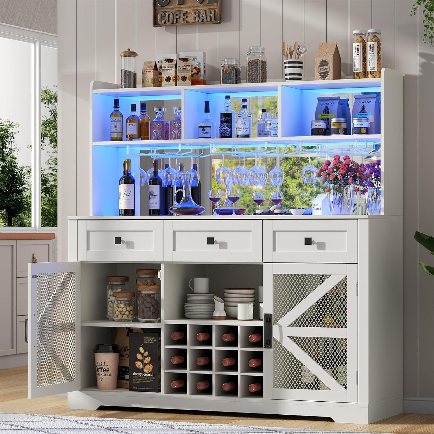 Farmhouse Wine Bar Cabinet with LED Lights, Kitchen Coffee Bar Cabinet ...