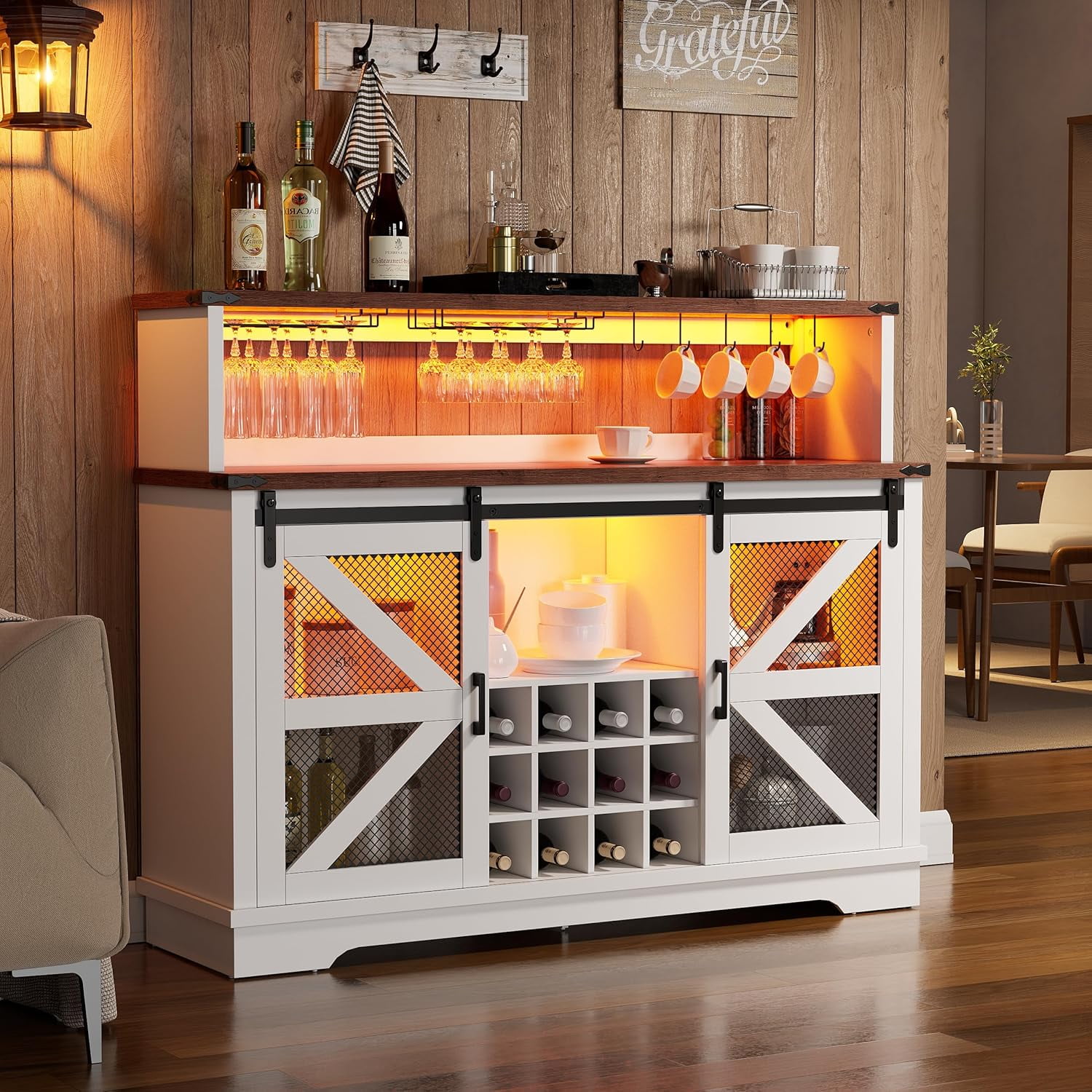 Farmhouse Wine Bar Cabinet with LED Lights Liquor Cabinet Coffee Bar ...