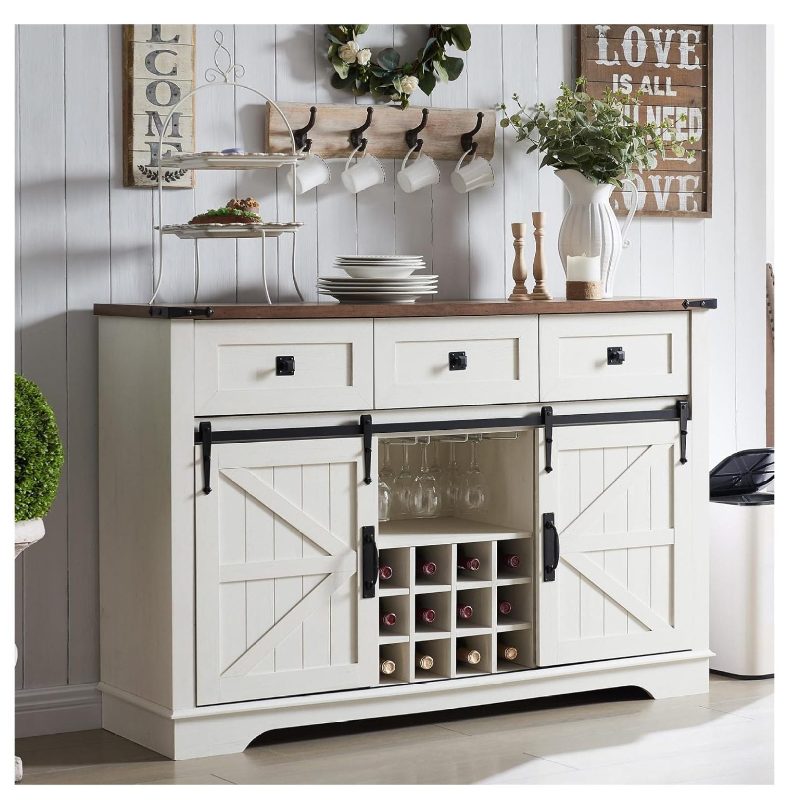 Farmhouse Wine Bar Cabinet w/Sliding Barn Door, 54" Kitchen Coffee Bar ...