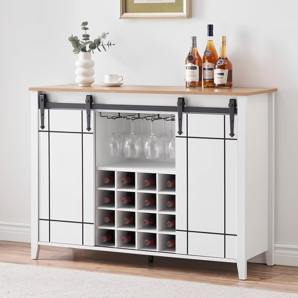 Farmhouse Wine Bar Cabinet with Sliding Barn Door, 47" Coffee Bar ...