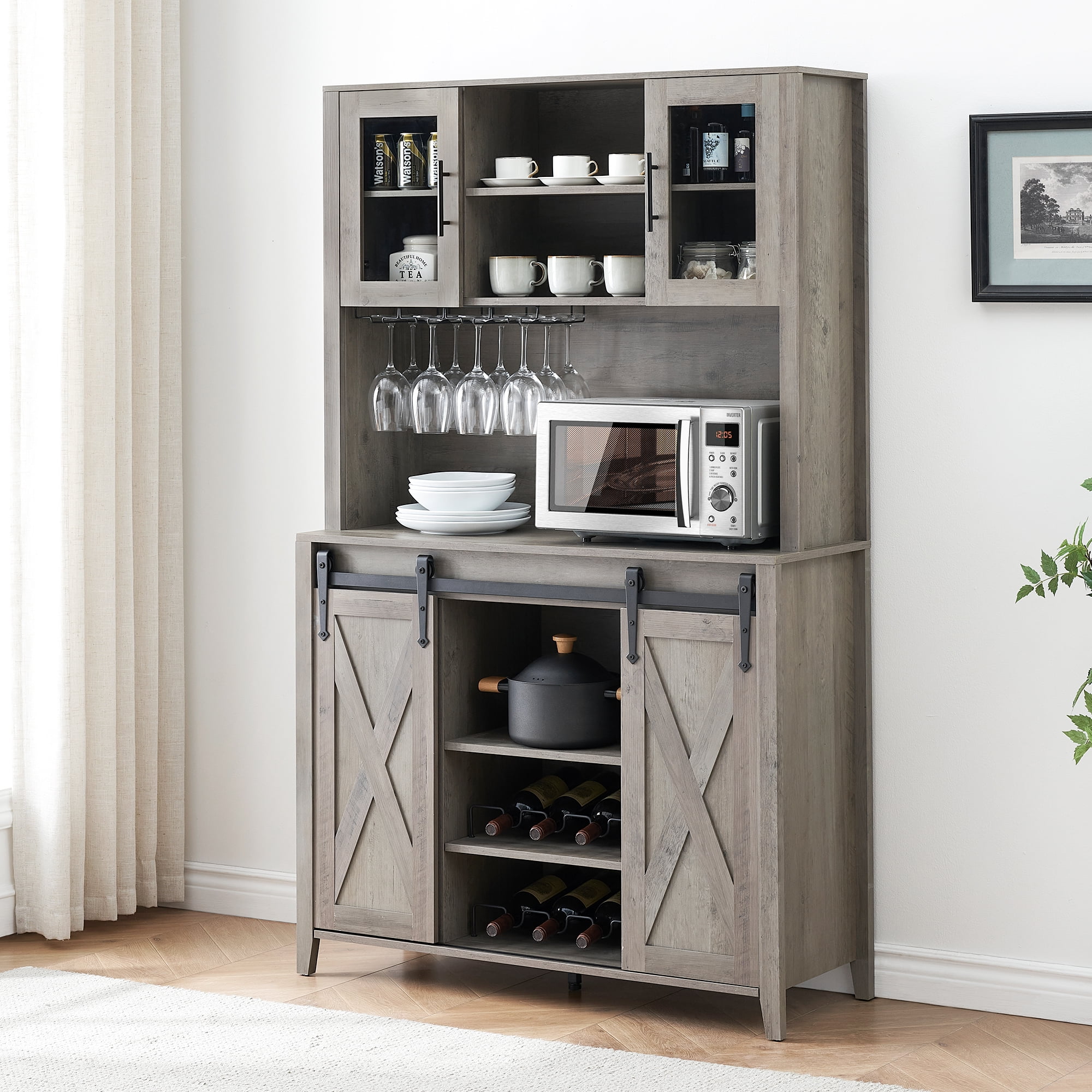 Farmhouse Wine Cabinet with Sliding Barn Door, 69-Inch Country Wine ...