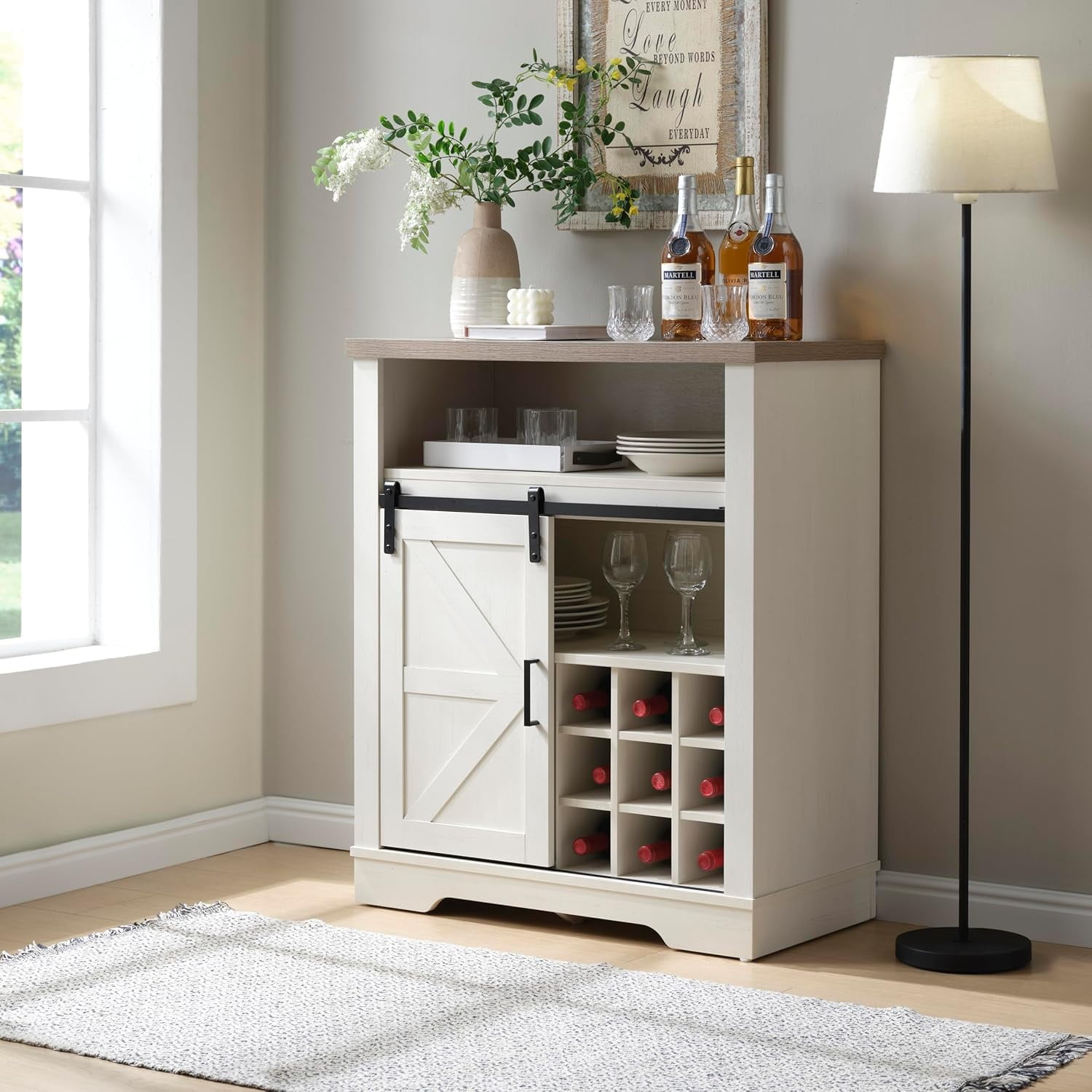 Farmhouse Wine Cabinet with Sliding Barn Door, Liquor Cabinet with Rack ...