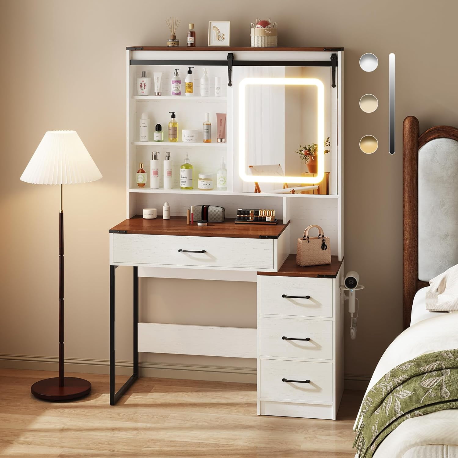 Farmhouse Women Vanity Desk with Sliding Mirror and Lights, Ric Big ...