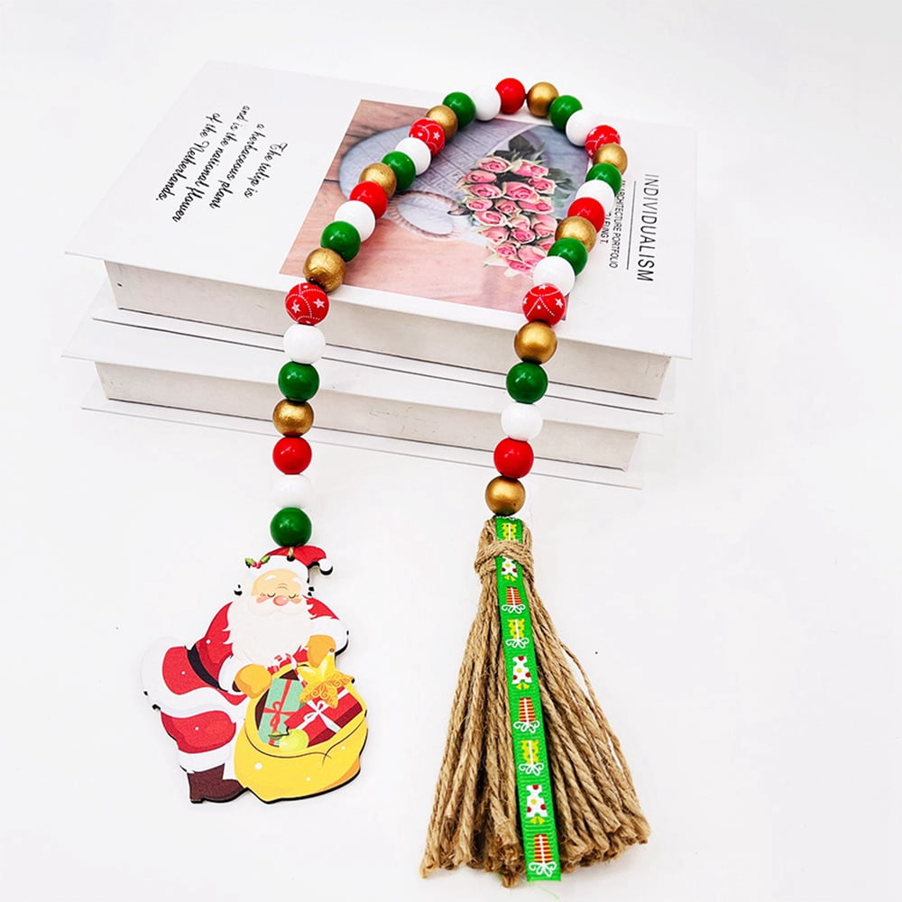 Christmas Wooden Bead Wreath with Tassels, Decorated with Santa Claus ...
