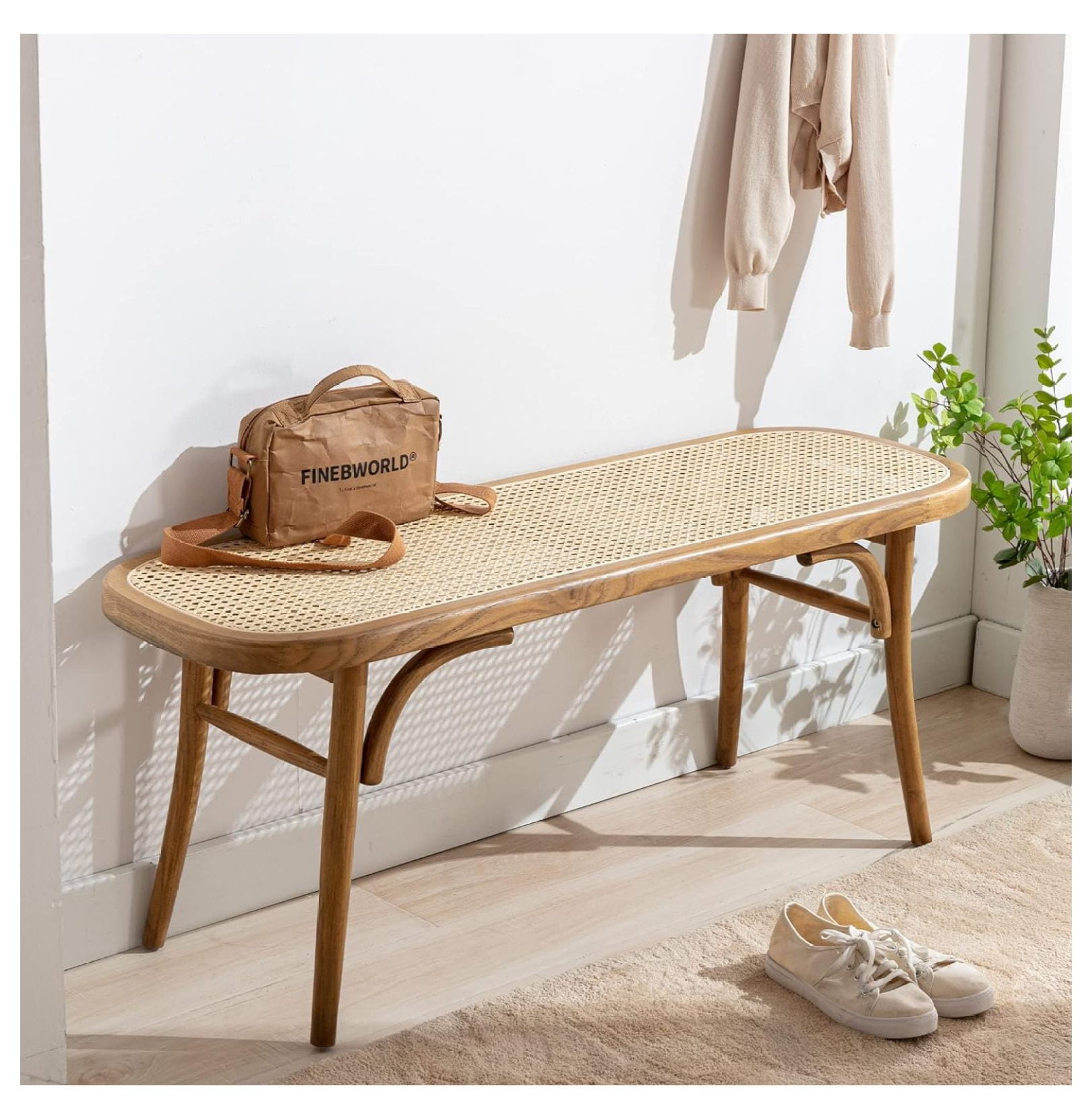 Farmhouse Wood Bench Seat Small Rattan Cane Bench Wicker Bench for End ...