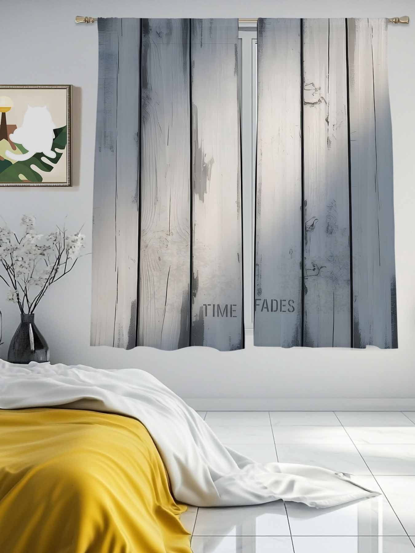 Farmhouse Wood Board Chiffon Sheer Curtains 63 Inches Long Light Shadow ...