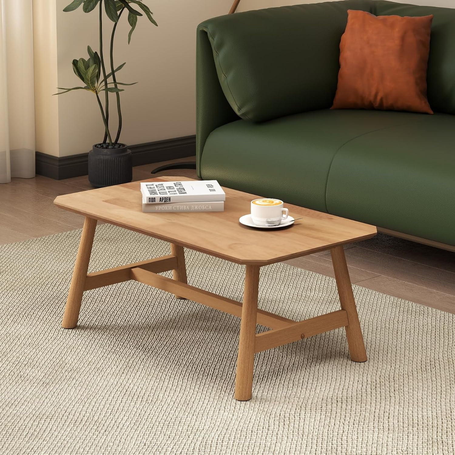 Farmhouse Wood Coffee Table 35.5” Side Table Mid Century Wooden Table ...