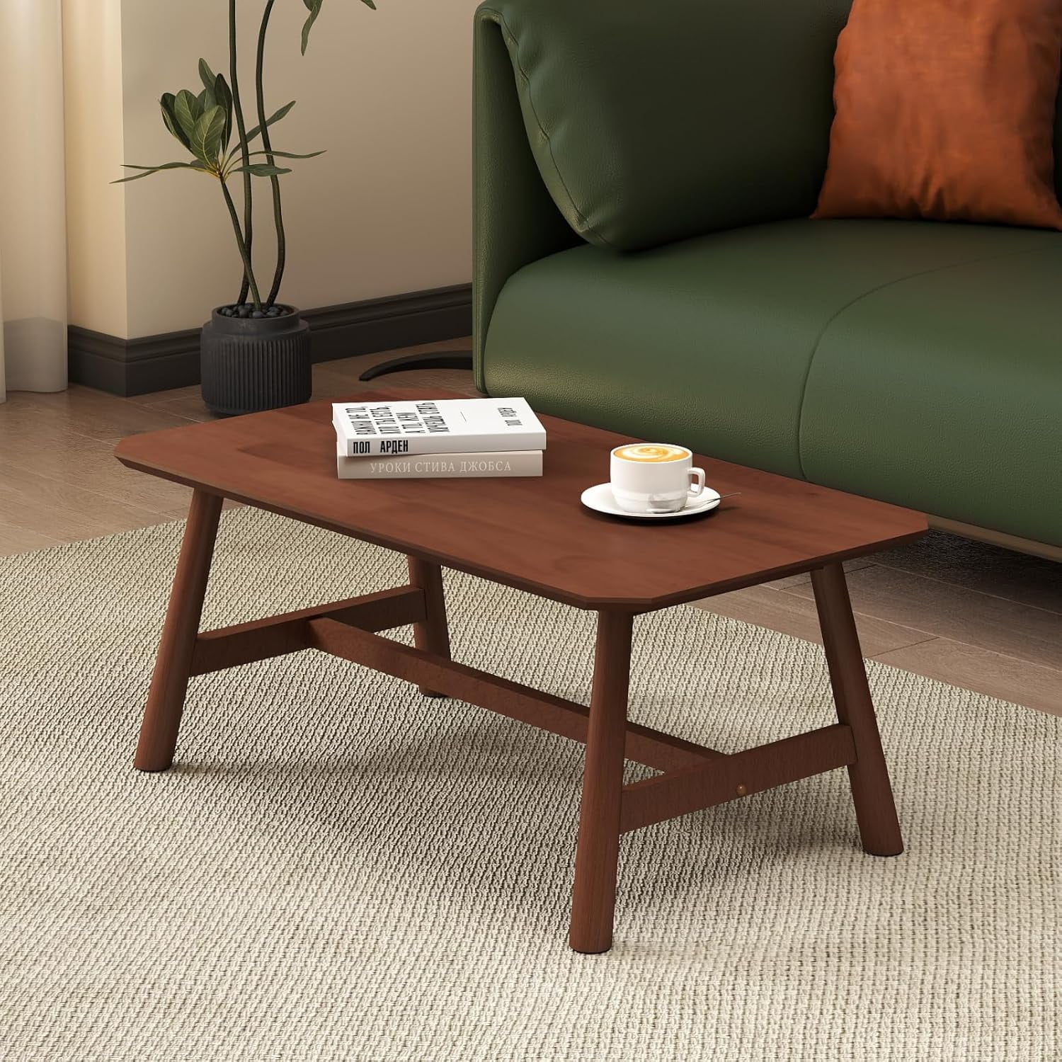 Farmhouse Wood Coffee Table 35.5” Side Table Mid Century Wooden Table ...