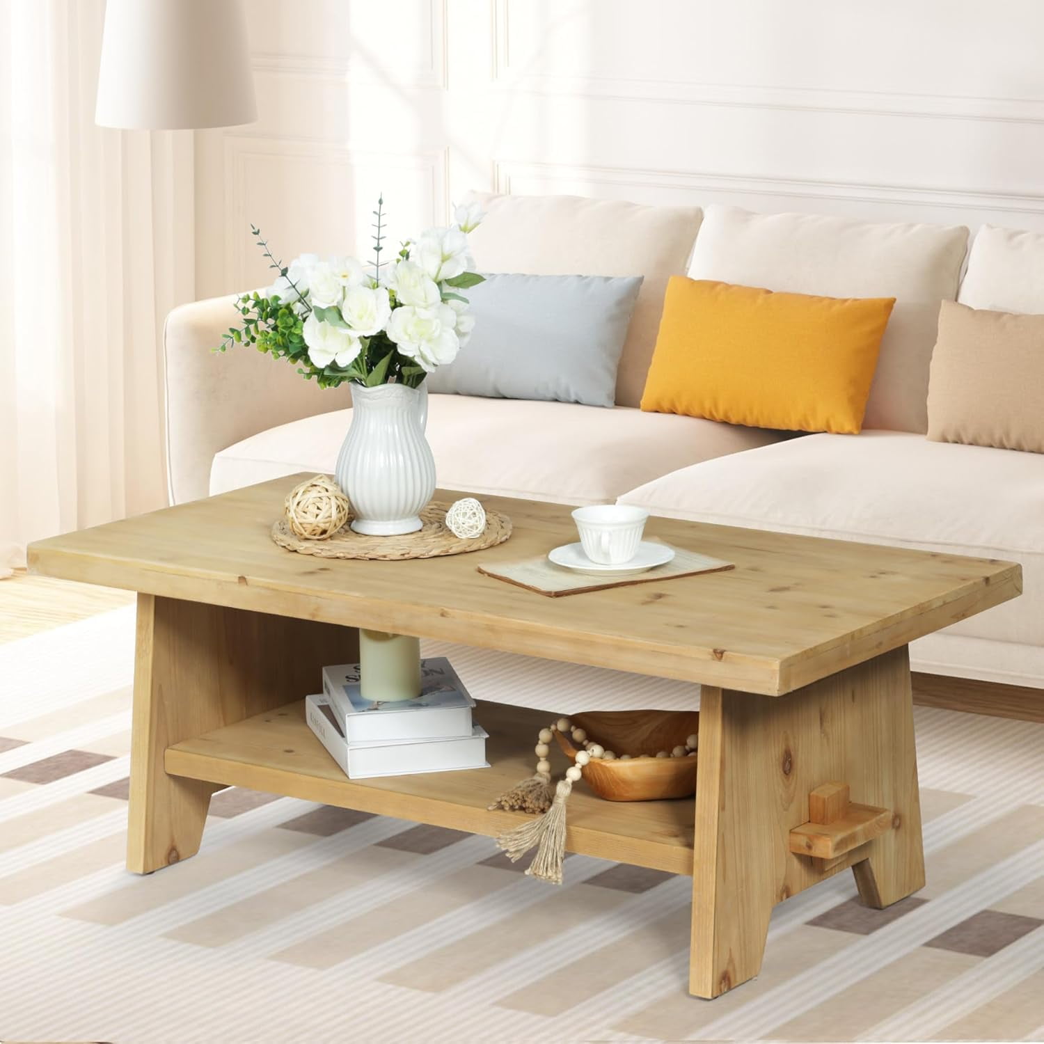 Farmhouse Wood Coffee Table - 43.4” Mid Century Modern Wooden Coffee ...