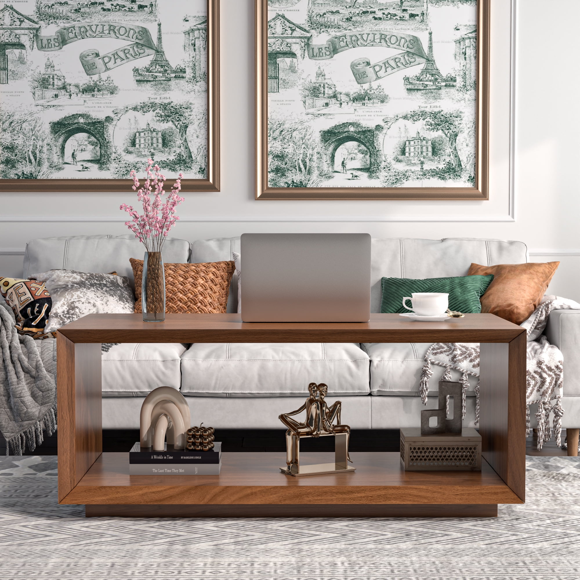 Farmhouse Wood Coffee Table, Rectangle Coffee Table, Simple 2-Tier ...