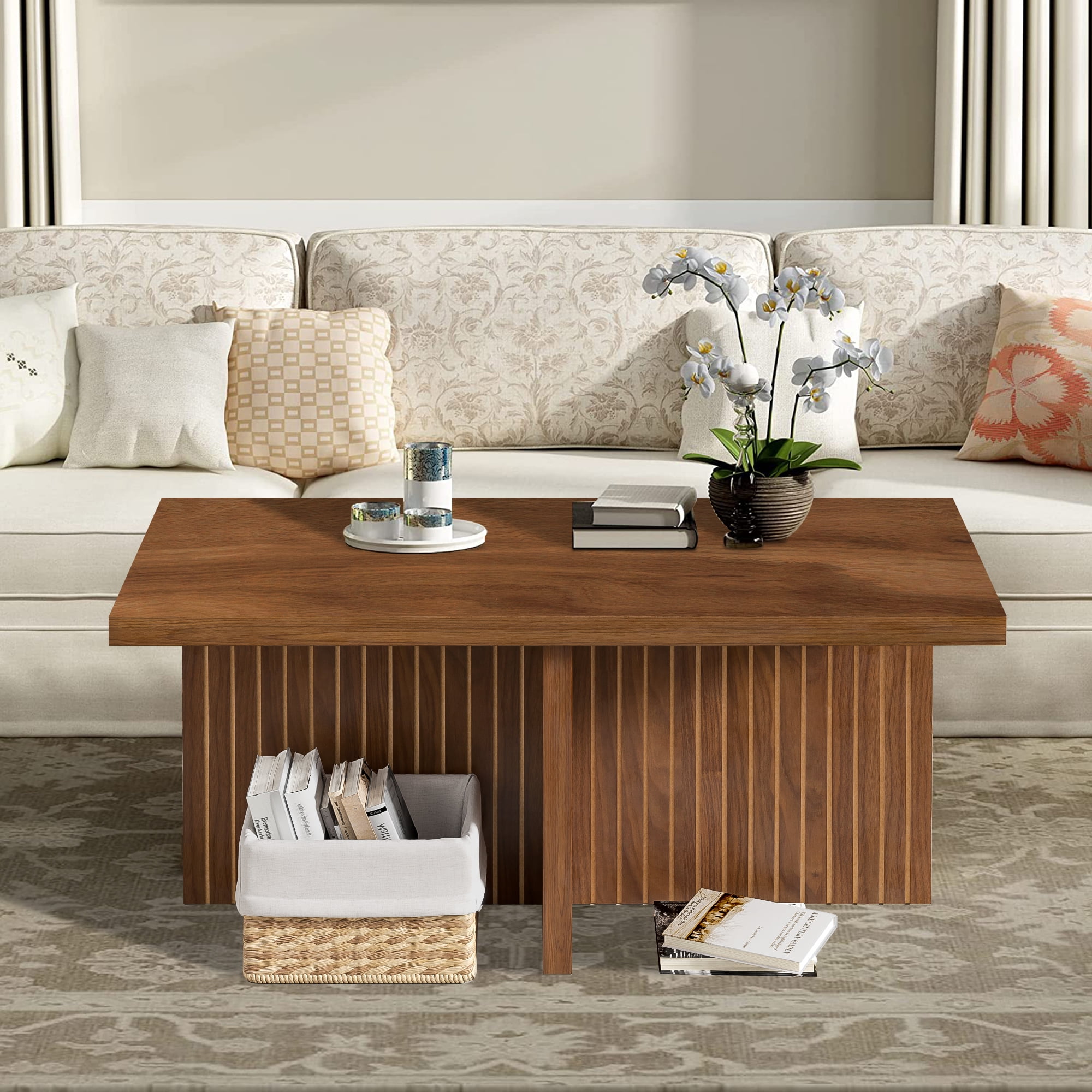 Farmhouse Wood Coffee Table, Small Rectangle Center Table with Storage ...