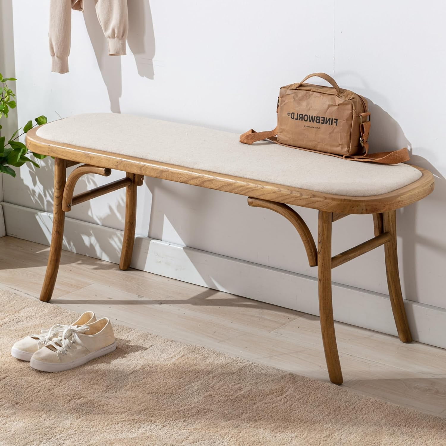 Farmhouse Wood Dining Bench with Padded Seat, Boho Accent Bench for ...