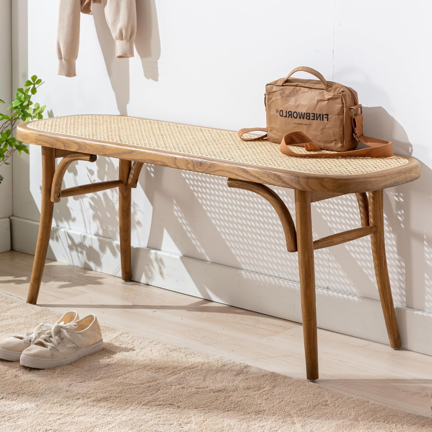 Farmhouse Wood Dining Bench with Rattan Seat, Boho Accent Bench for ...