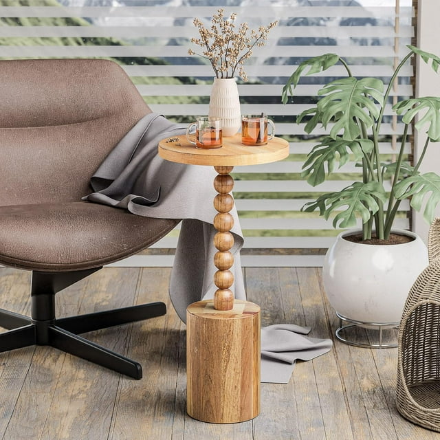 Farmhouse Wood Drink Table Rustic Pedestal End Table With Base Round Martini Table For Small