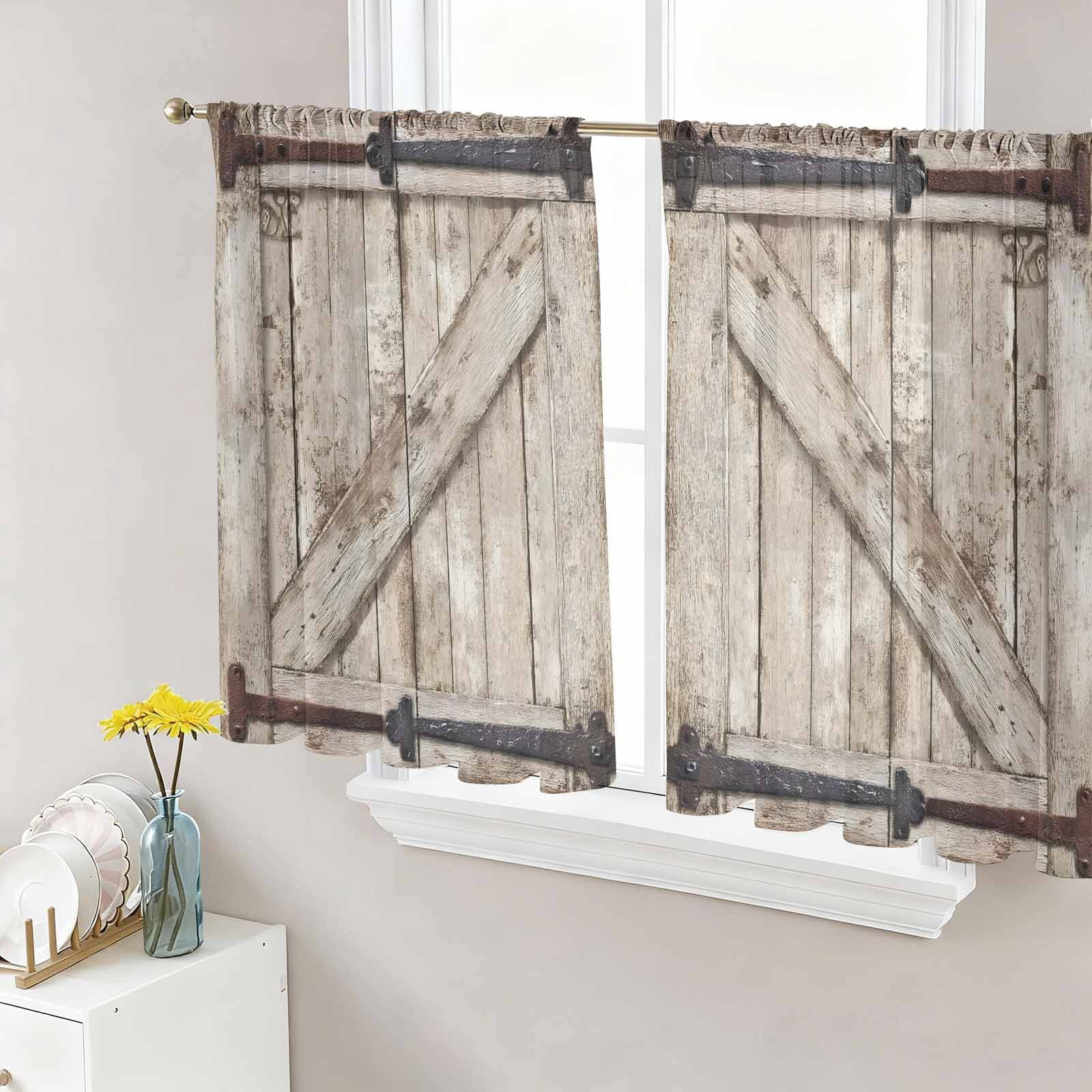 Farmhouse Wood Grain Sheer Curtains 54 Inch Length 2 Panels Set Window ...