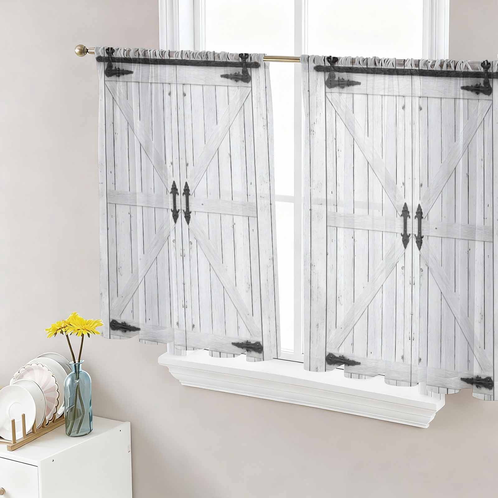 Farmhouse Wood Grain Sheer Curtains 54 Inch Length 2 Panels Set Window ...