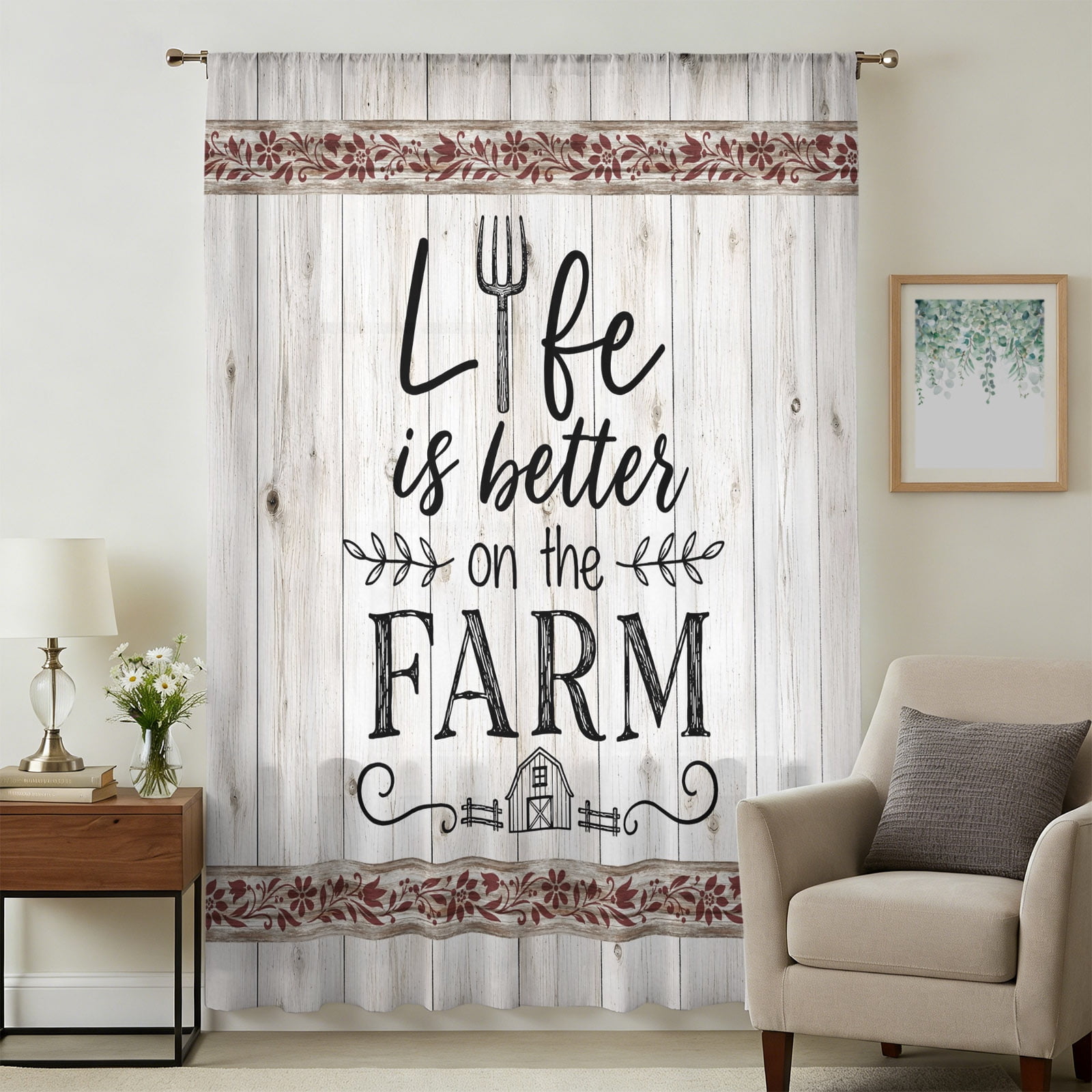 Farmhouse Wood Grain Sheer Curtains 84 Inches Long, Floral Stripes ...