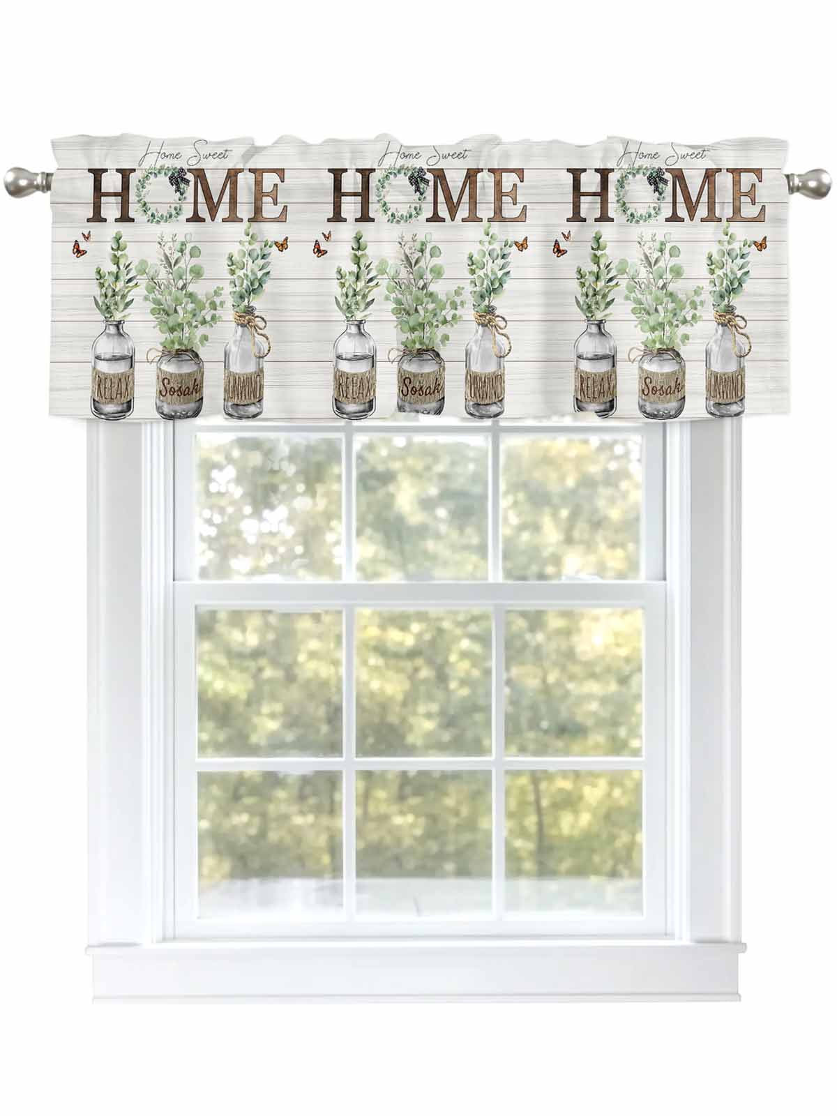 Farmhouse Wood Grain Window Valances for Kitchen, Leaf Butterfly Rod ...