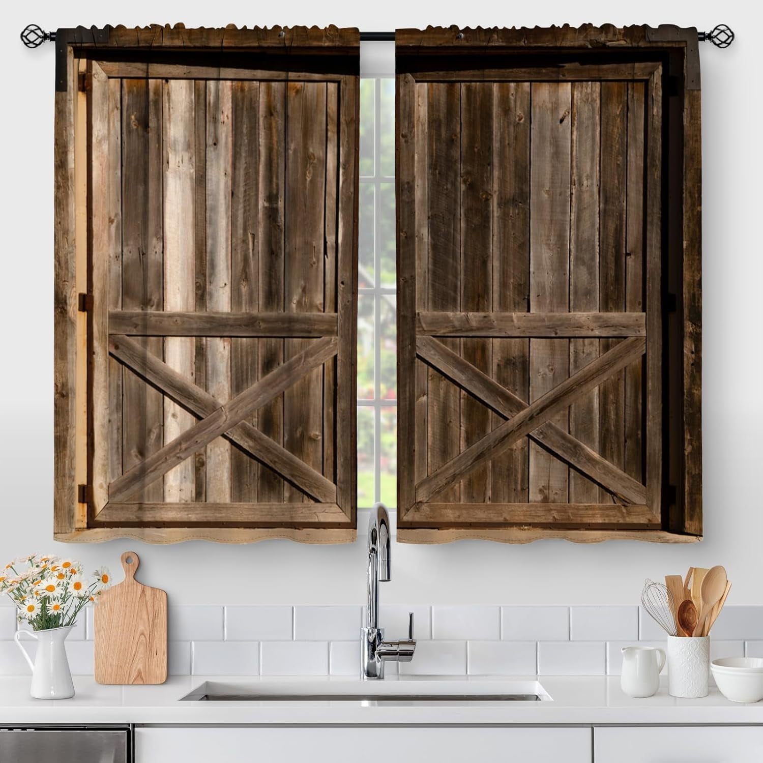 Farmhouse Wood Kitchen Curtains - Vintage Wooden Barn Door Country Small Short Tier Window ...