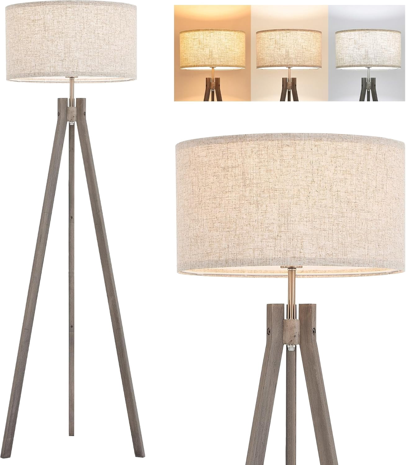 Farmhouse Wood Tripod Floor Lamp, Modern Reading Standing Lamp with 3 ...