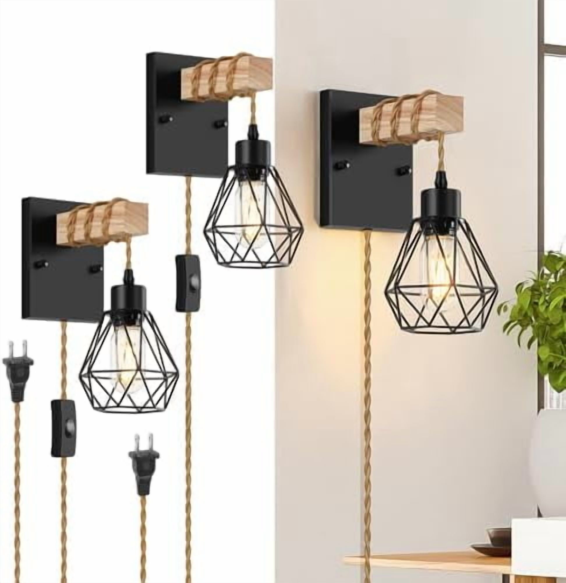 Farmhouse Wood Wall Sconces with Plug in Cord, Black Wall Sconces Set ...