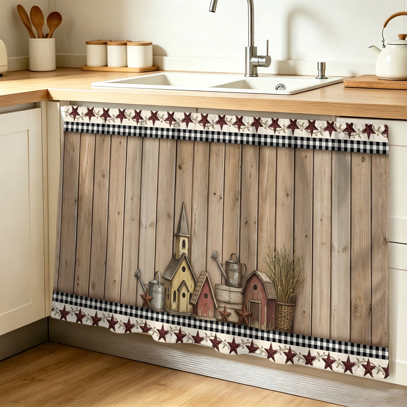 Farmhouse Wooden Cabinet Curtain 28"W x 51"L, Vintage Barn Star Western ...